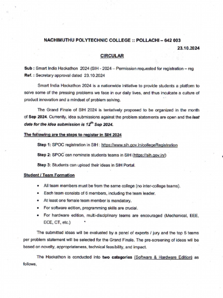 SIH 2024 - Circular | PDF