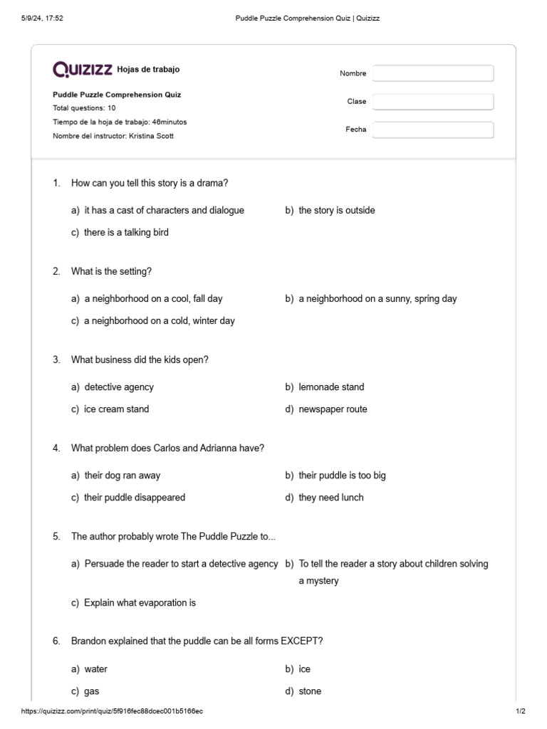 Puddle Puzzle Comprehension Quiz - Quizizz | PDF