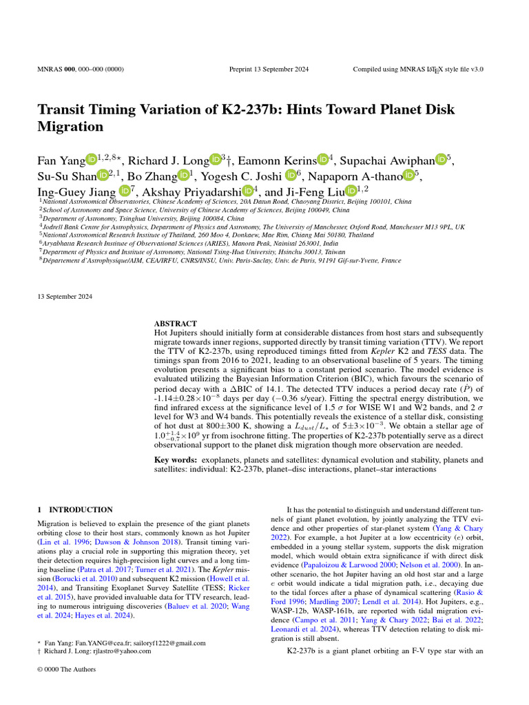 Transit Timing Variation of K2-237b: Hints Toward Planet Disk Migration ...