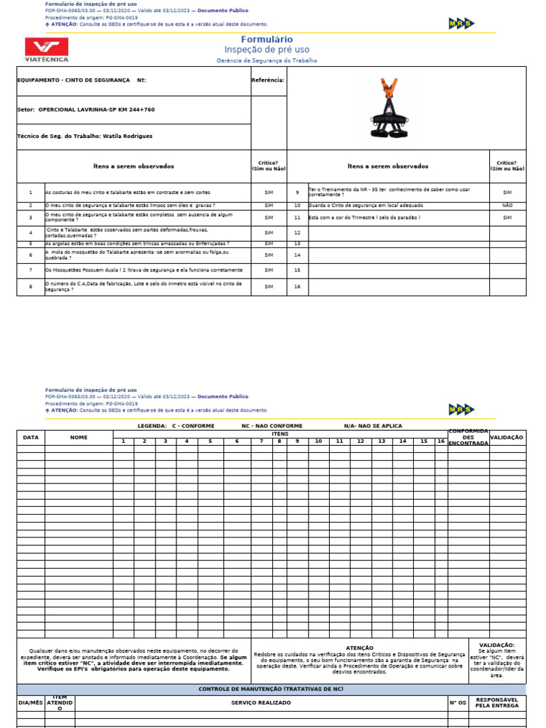 Check List Cinto de Segurança | PDF