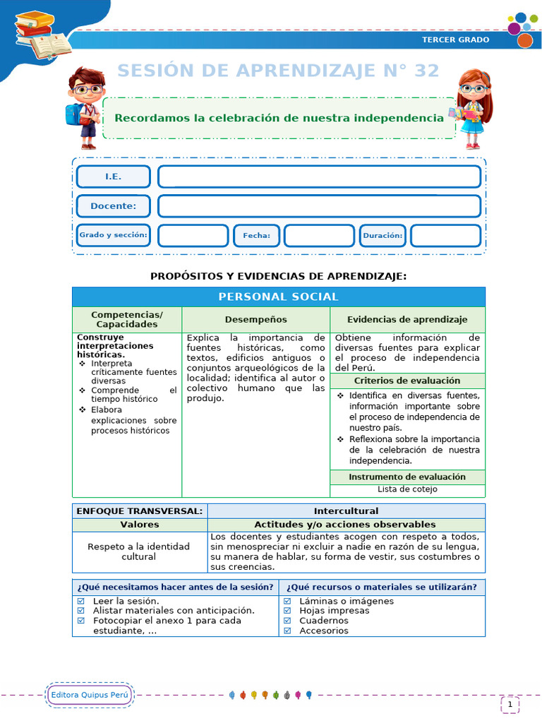 Sesiones de Aprendizaje - Semana 4 - UD V - Editora Quipus Perú | PDF