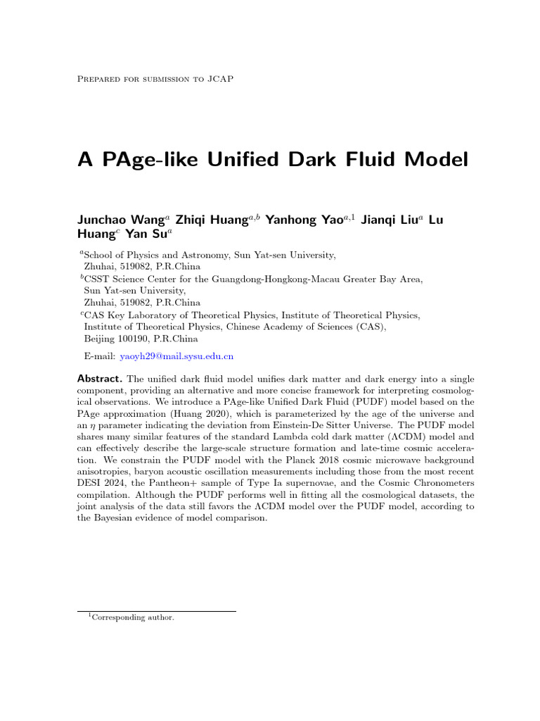 A Page-Like Unified Dark Fluid Model: Junchao Wang Zhiqi Huang Yanhong Yao Jianqi Liu Lu Huang ...