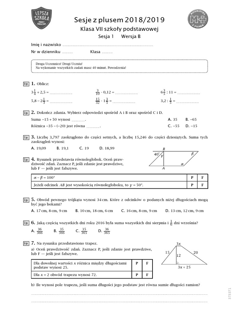 Sesja Z Plusem 1 2018 - 19 Klasa VII | PDF
