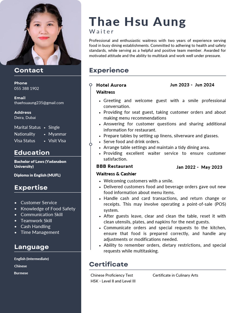 Thae Hsu Aung Waiter Resume | PDF