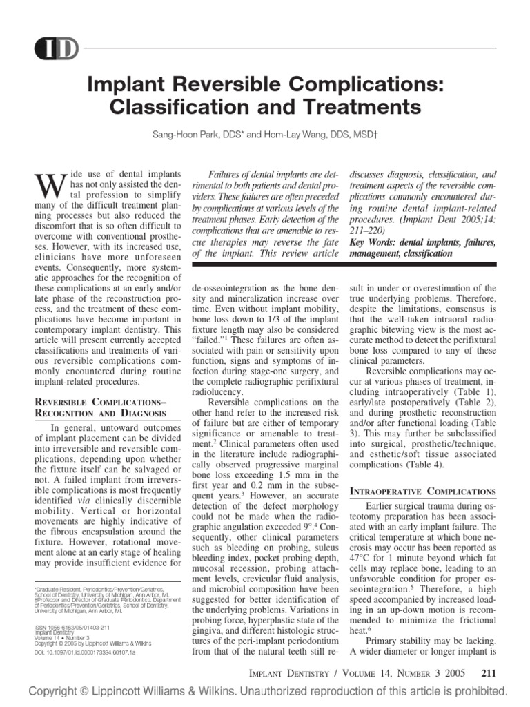 Implant Reversible Complications Classification.3 | PDF