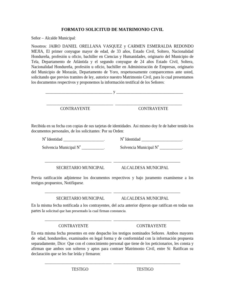 FORMATO SOLICITUD DE MATRIMONIO CIVIL | PDF