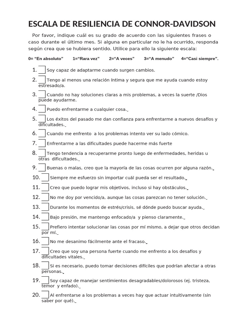 CD-RISK - Escala de Resiliencia de Connor y Davidson | PDF | Resiliencia psicológica ...