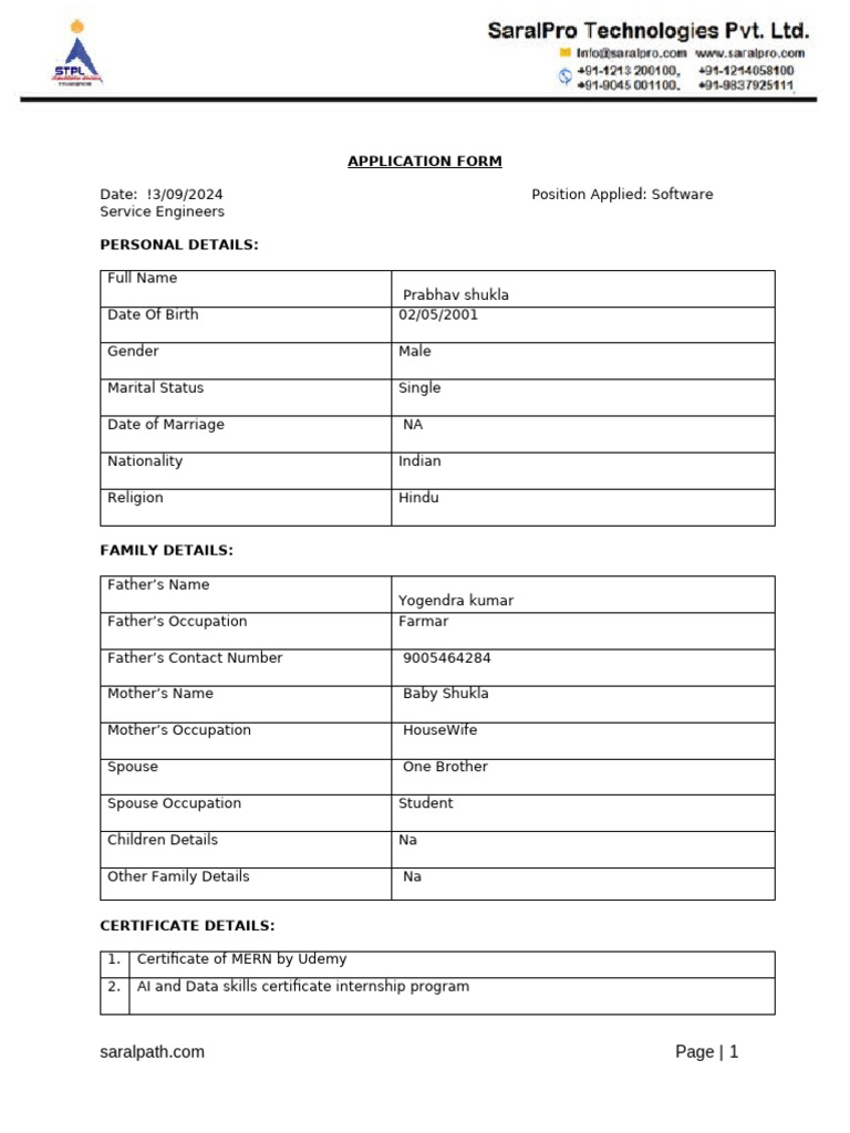 SARAL PRO TECHNOLOGIES PVT Form Before | PDF