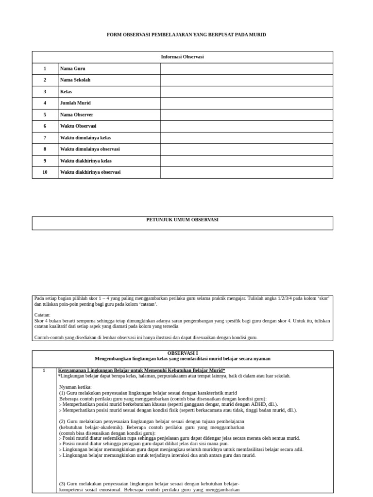 Form Observasi Pembelajaran Yang Berpusat Pada Murid | PDF