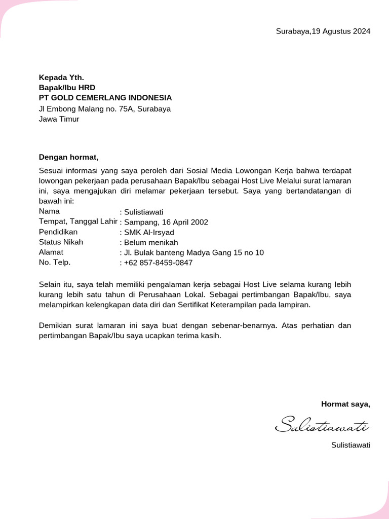 Surat Lamaran Kerja GCI Host Live - 20240819 - 200415 - 0000 | PDF Surat Lamaran Kerja GCI Host Live - 20240819 - 200415 - 0000 | PDF