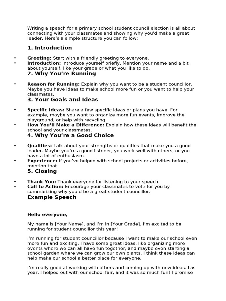 Writing A Speech For A Primary School Student Council Election | PDF