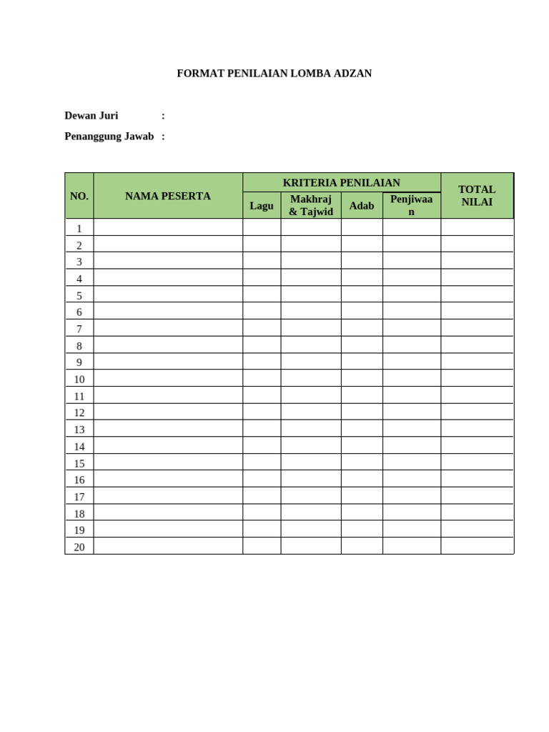 Format Penilaian Lomba Adzan | PDF
