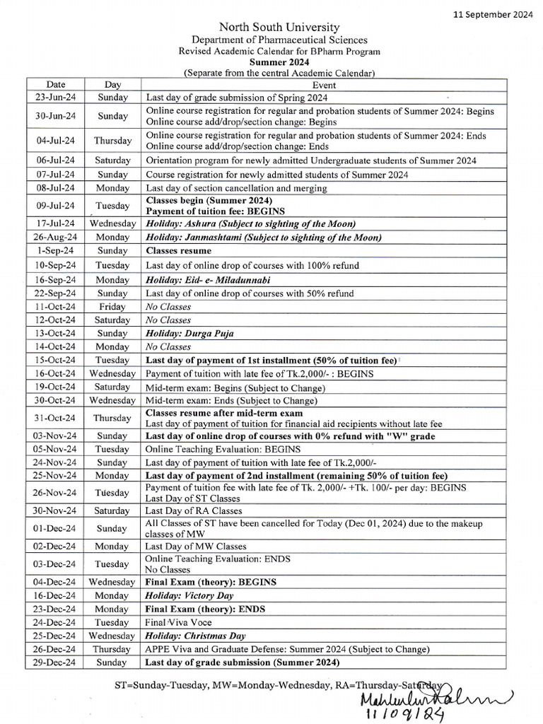 Revised Academic Calendar For Bpharm Program of Summer 2024 1 | PDF