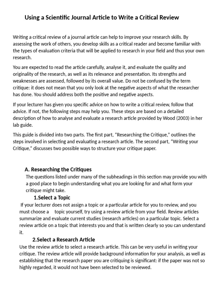 Using A Scientific Journal Article To Write A Critical Review | PDF