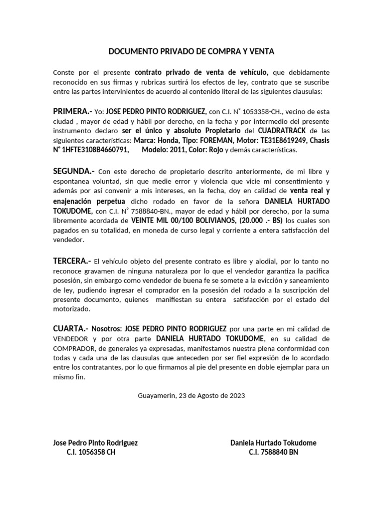 DOCUMENTO PRIVADO DE COMPRA Y VENTA | PDF