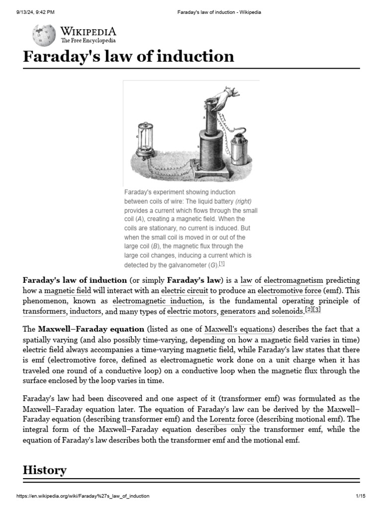 Faraday's Law of Induction - Wikipedia | PDF