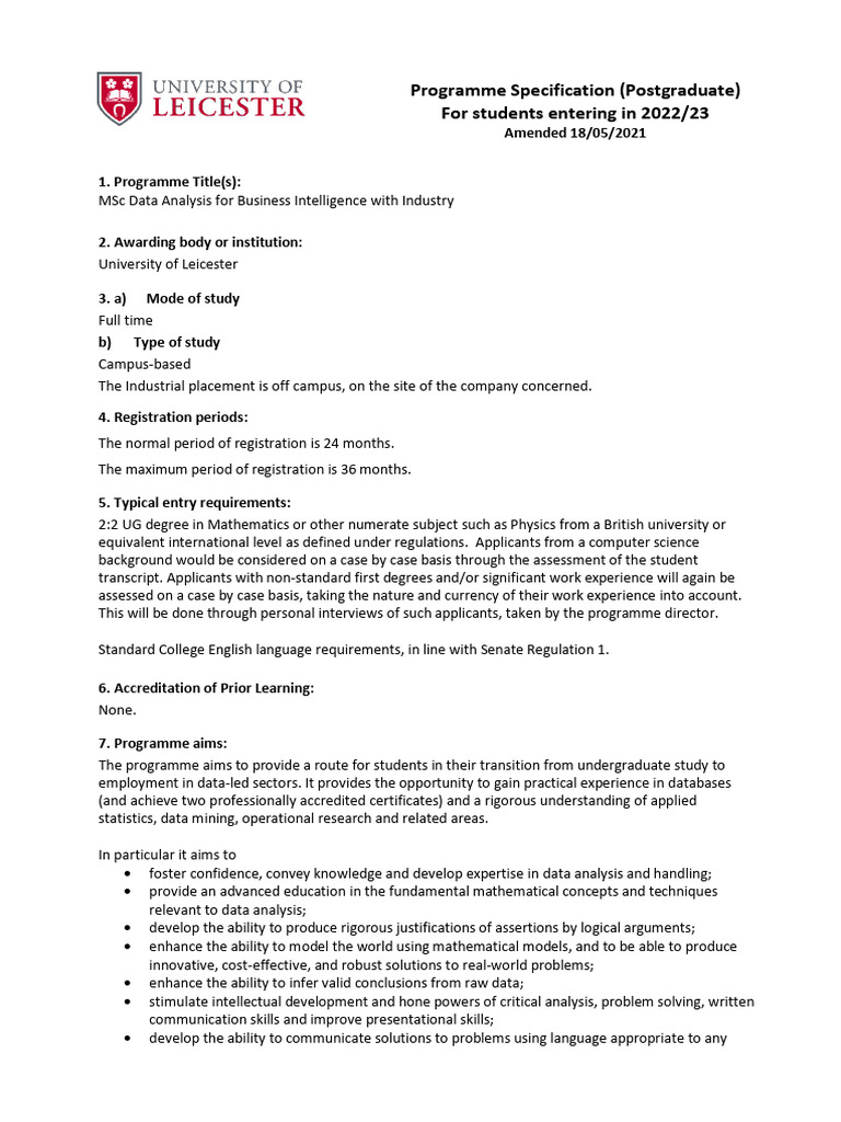 Data Analysis for Business Intelligence with Industry MSc | PDF