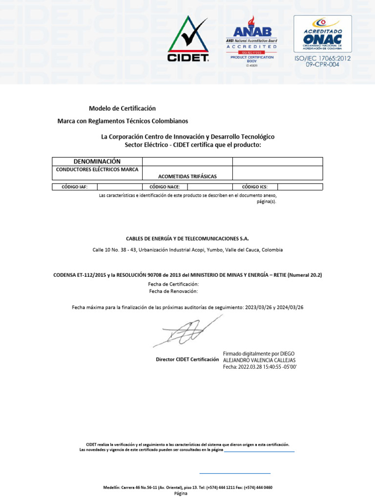 Certificado 06409 Cable de Cobre para Acometidas Trifasicas CODENSA ET 112 | PDF