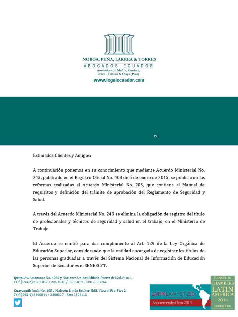 Legalecuador Flash Legal 00353 Reforma Al Acuerdo 203 Del MRL Que Contiene El Manual de ...