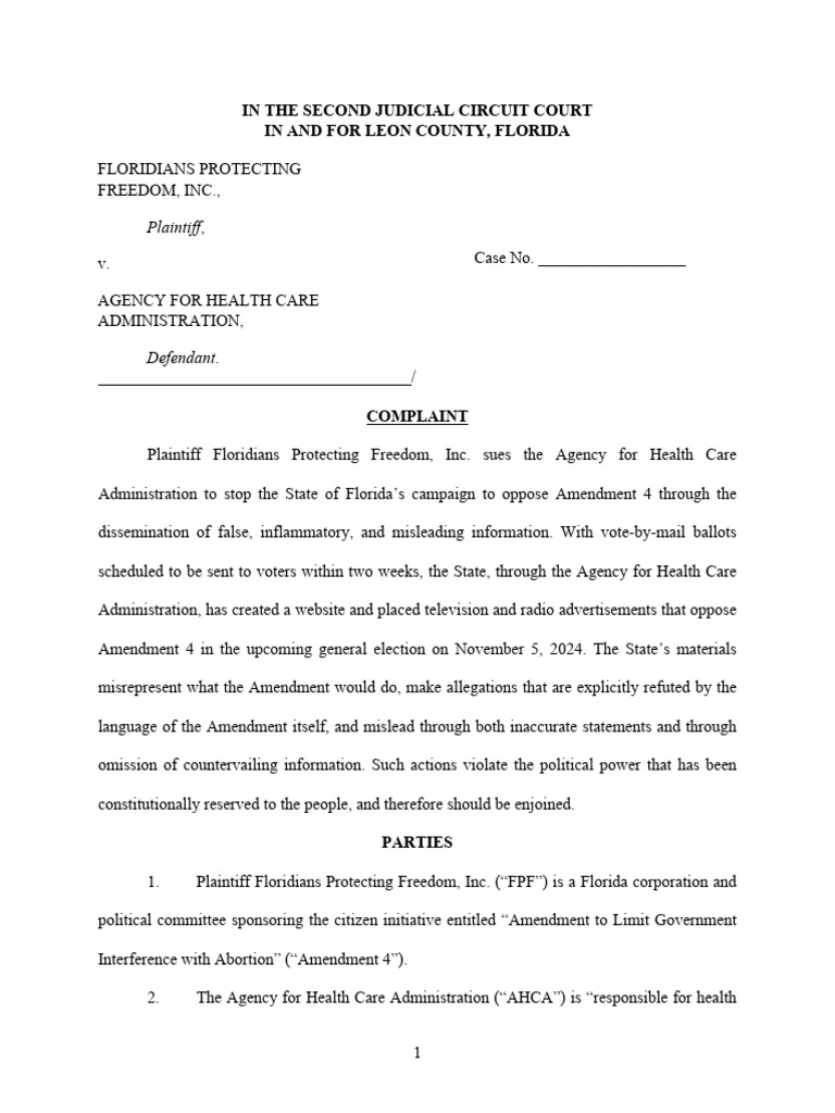 FPF v. Ahca - Filed Complaint | PDF | Abortion | Pregnancy
