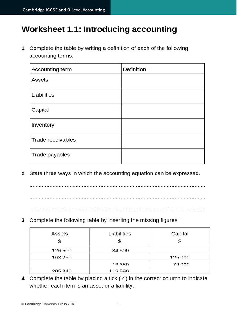 Worksheet 1.1 Introducing Accounting | PDF | Balance Sheet | Corporate ...