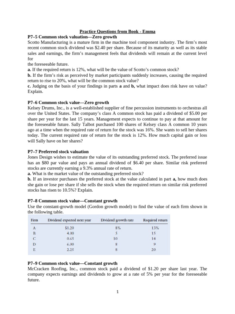 Practice Questions-Stock Valuation | PDF