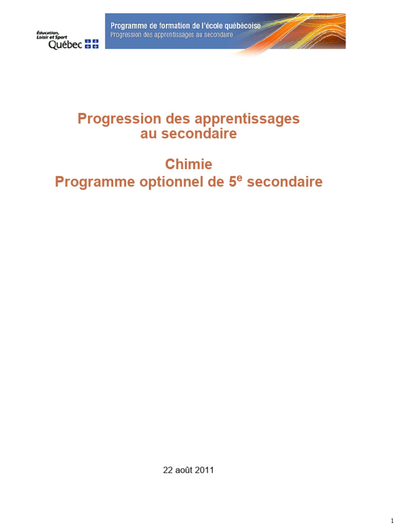 PFEQ Progression Apprentissages Chimie Secondaire | PDF