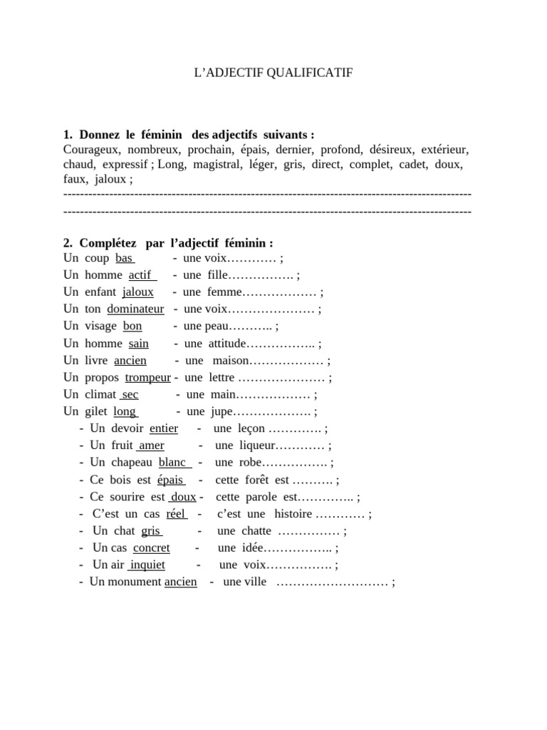 Fiche de Travail- Adjectif | PDF