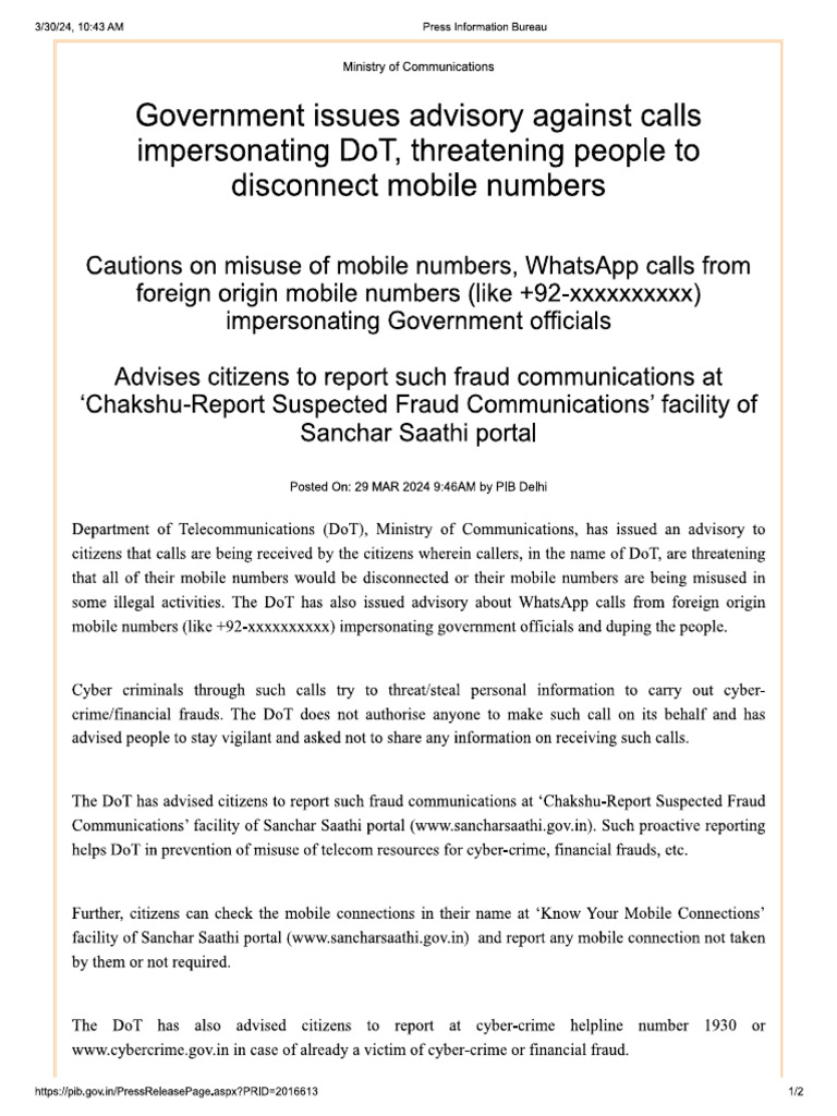 Press Release - DoT Issues Advisory Regarding Suspected Fraud Communication Impersonating DoT ...