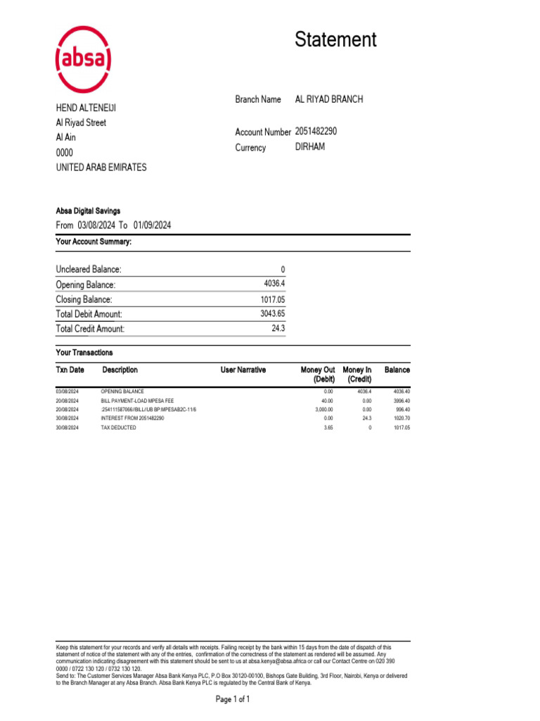 Absa Estatement Acc 2051 20240903 | PDF