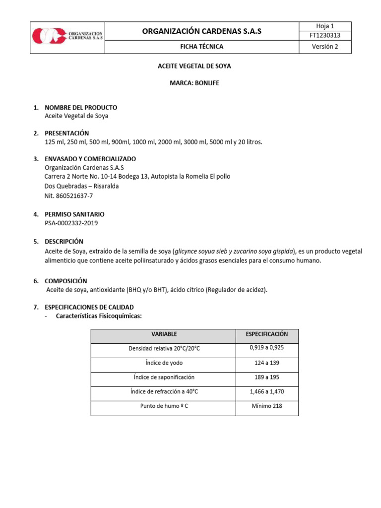 Ficha Tecnica Aceite de Soya - Bonlife | PDF