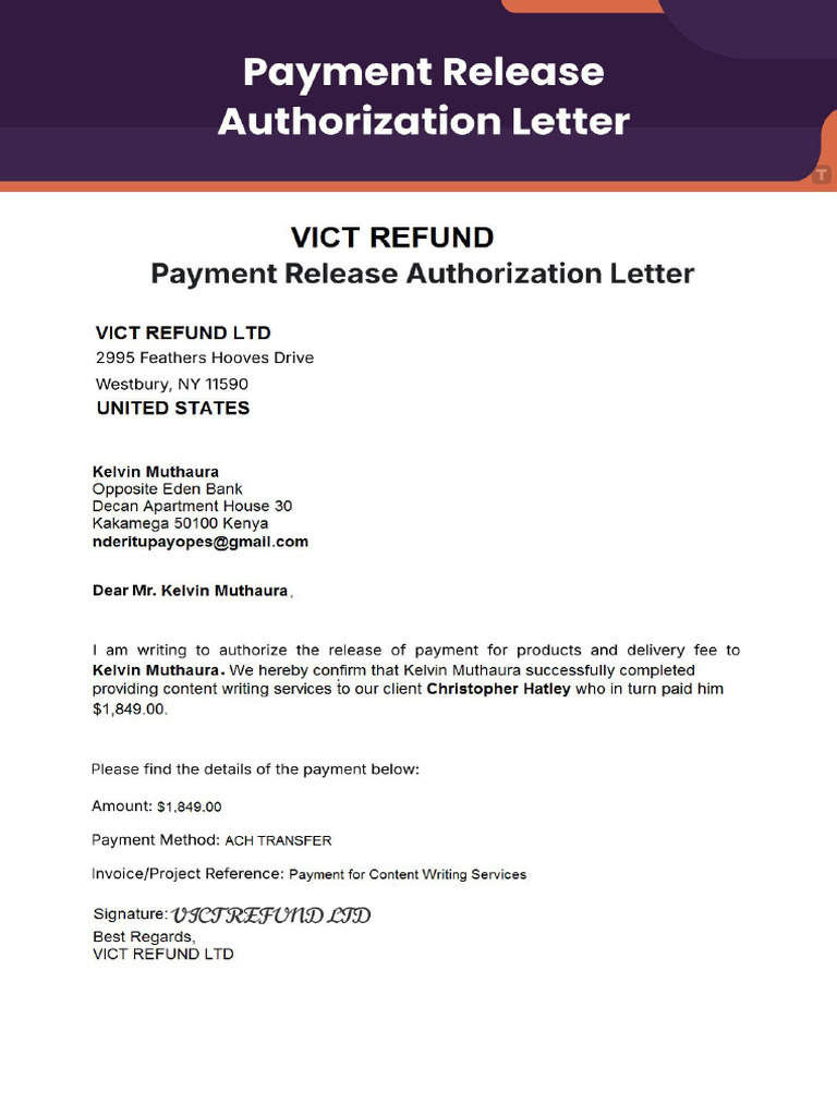 Payment Release Authorization Letter 1849 USD | PDF