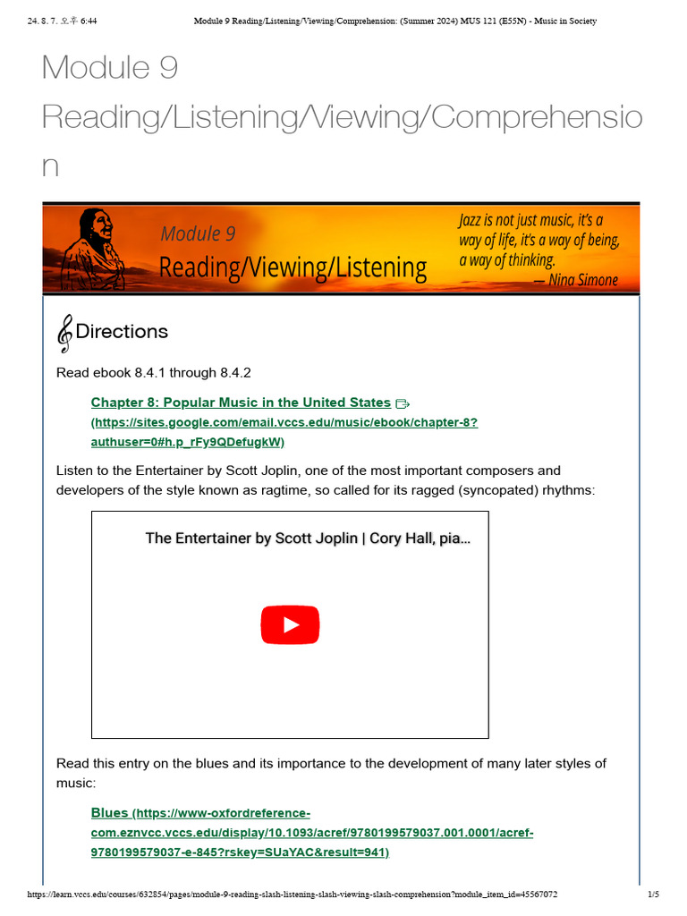 Module 9 Reading - Listening - Viewing - Comprehension - (Summer 2024) MUS 121 (E55N) - Music in ...