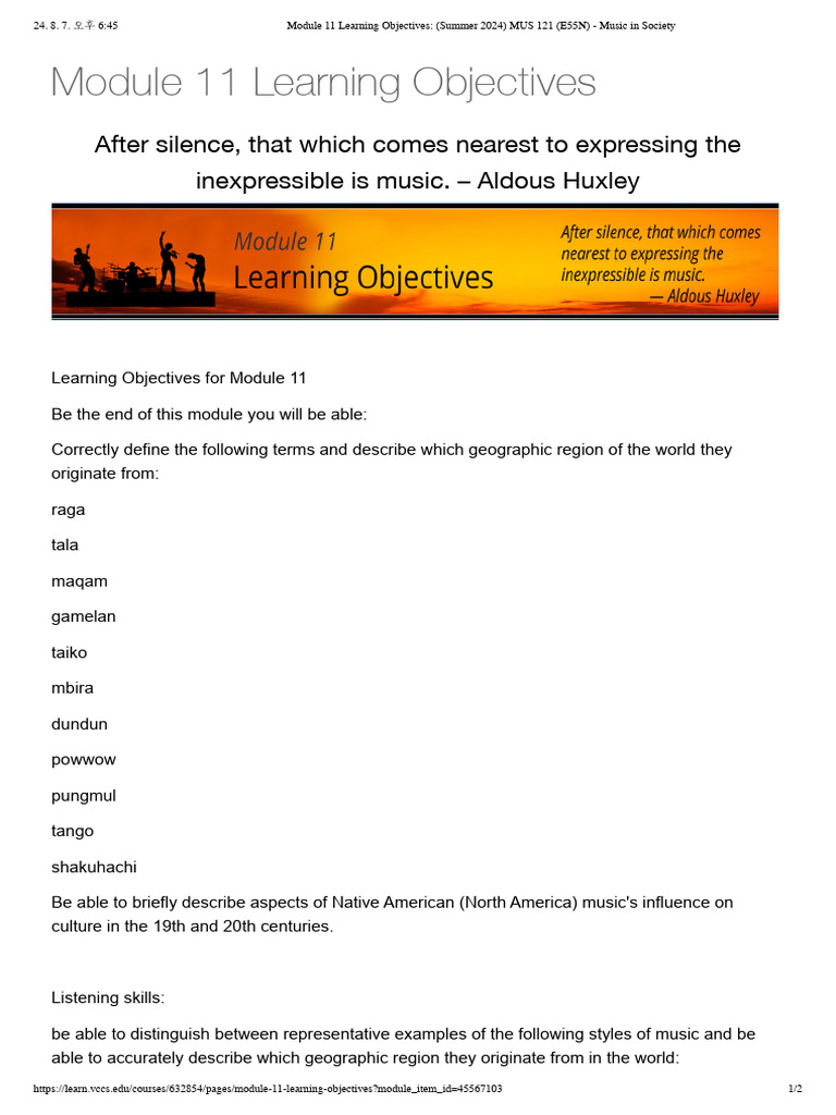 Module 11 Learning Objectives - (Summer 2024) MUS 121 (E55N) - Music in Society | PDF
