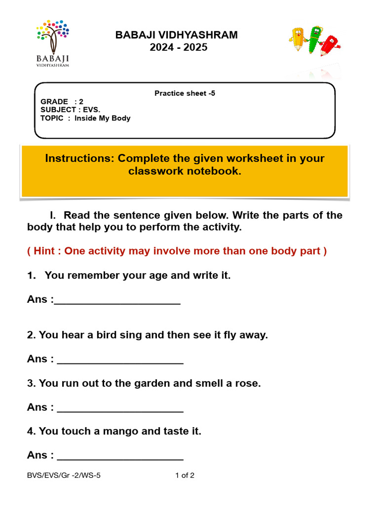 Grade 2 EVS Practice Sheet - 5 (12-07 - 24) | PDF