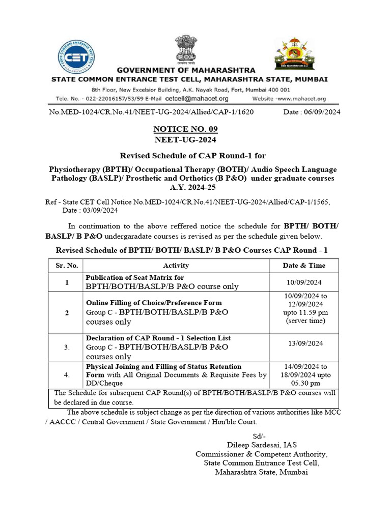Notice No.09 - Revised Schedule CAP-1 Allied (Group C) Courses | PDF