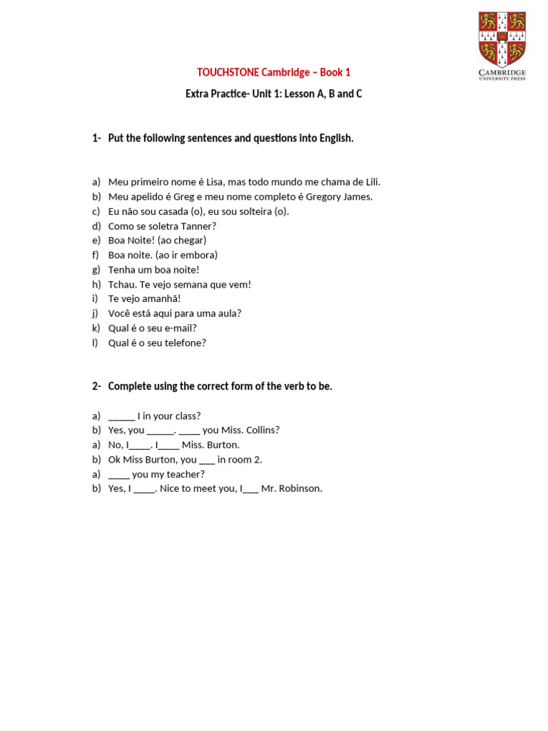Extra Practice - Unit 1 Lesson A and B | PDF