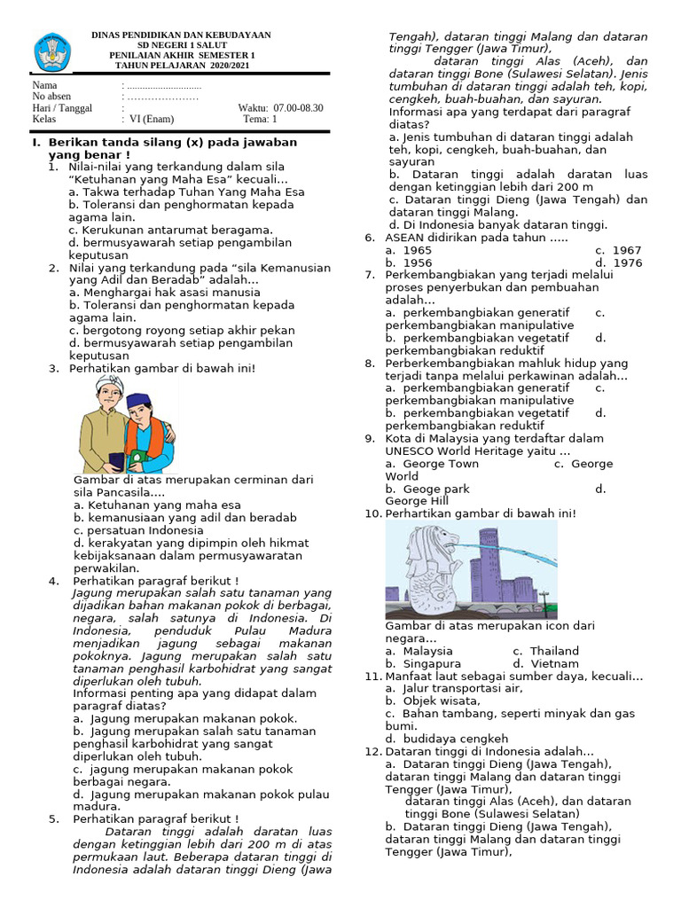 Soal PAS Kelas 6 Sem 1 Tema 1 - Kamimadrasah | PDF