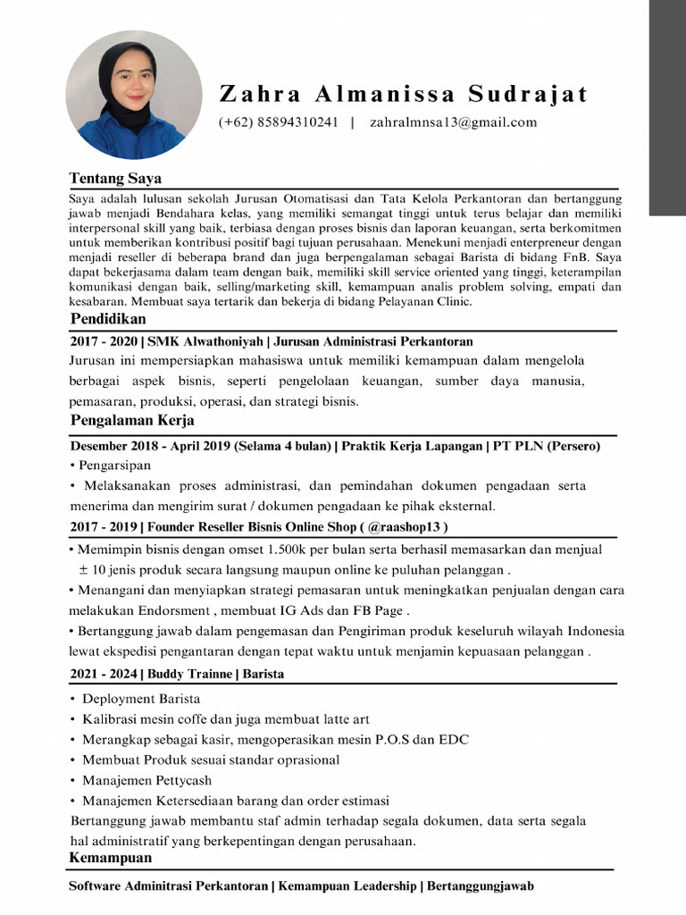 CV Zahra Almanissa Sudrajat | PDF