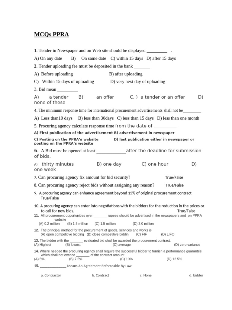 MCQs PPRA. Rules | PDF