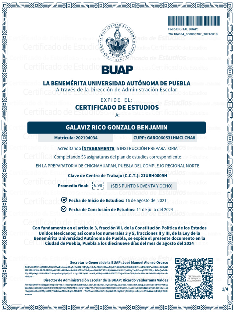 Certificado de Estudios: La Benemérita Universidad Autónoma de Puebla | PDF