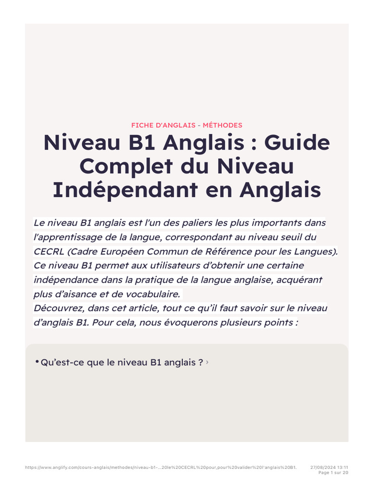 Niveau B1 Anglais - Tout Savoir Sur Le Niveau Seuil - Anglify | PDF