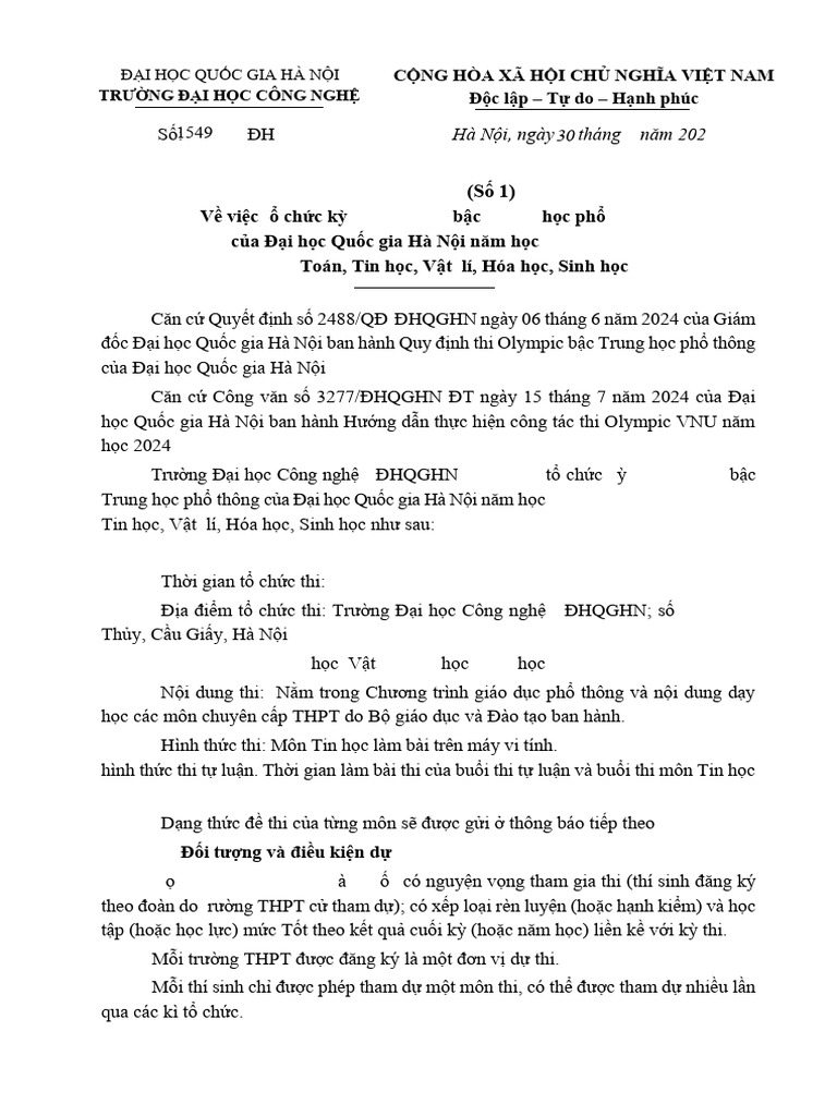 Thông báo số 1 về thi Olympic VNU 2024 2025 | PDF