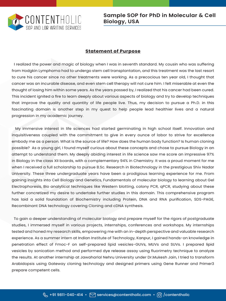 Sample SOP for PhD in Molecular Cell Biology USA | PDF