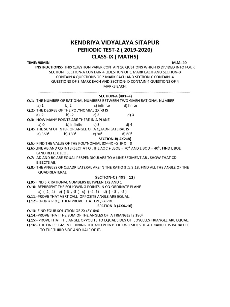 KV Class 9 Half Yearly Exam MATHS Previous Year Question Paper 2019 | PDF