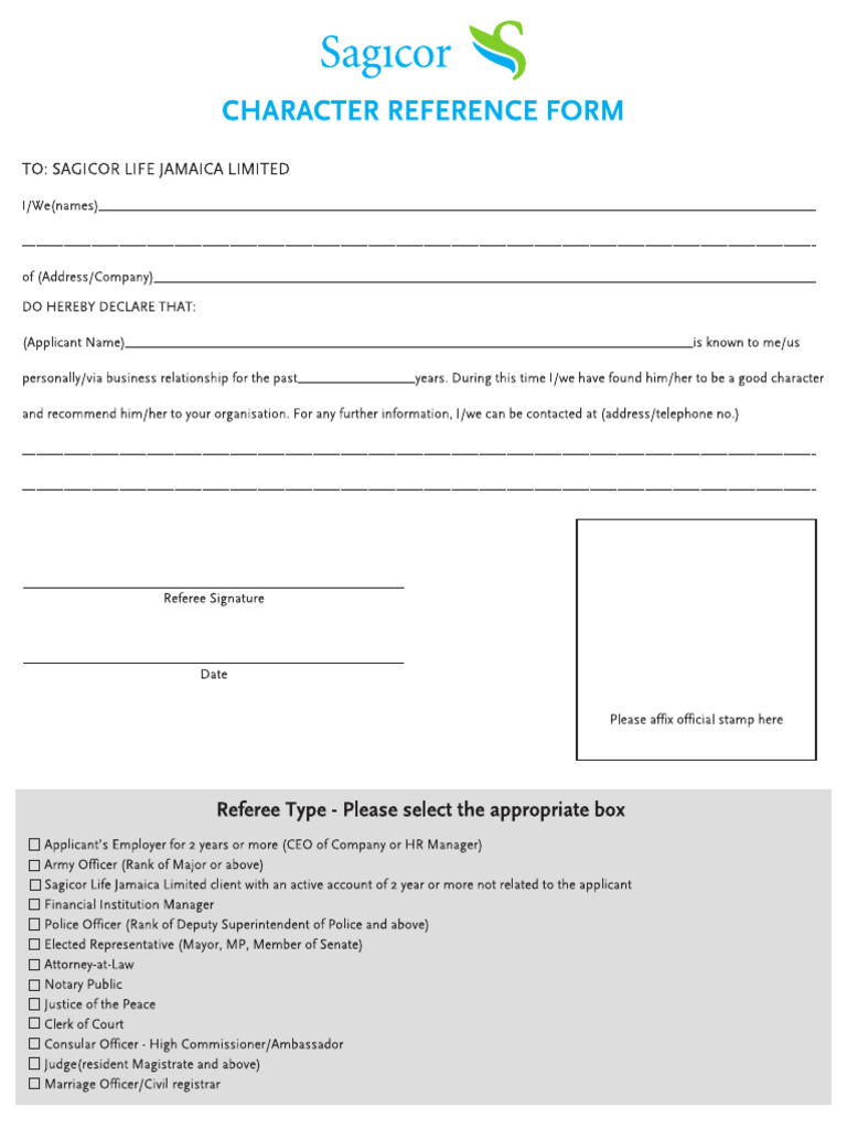 Sagicor Sigma Character Reference Form | PDF