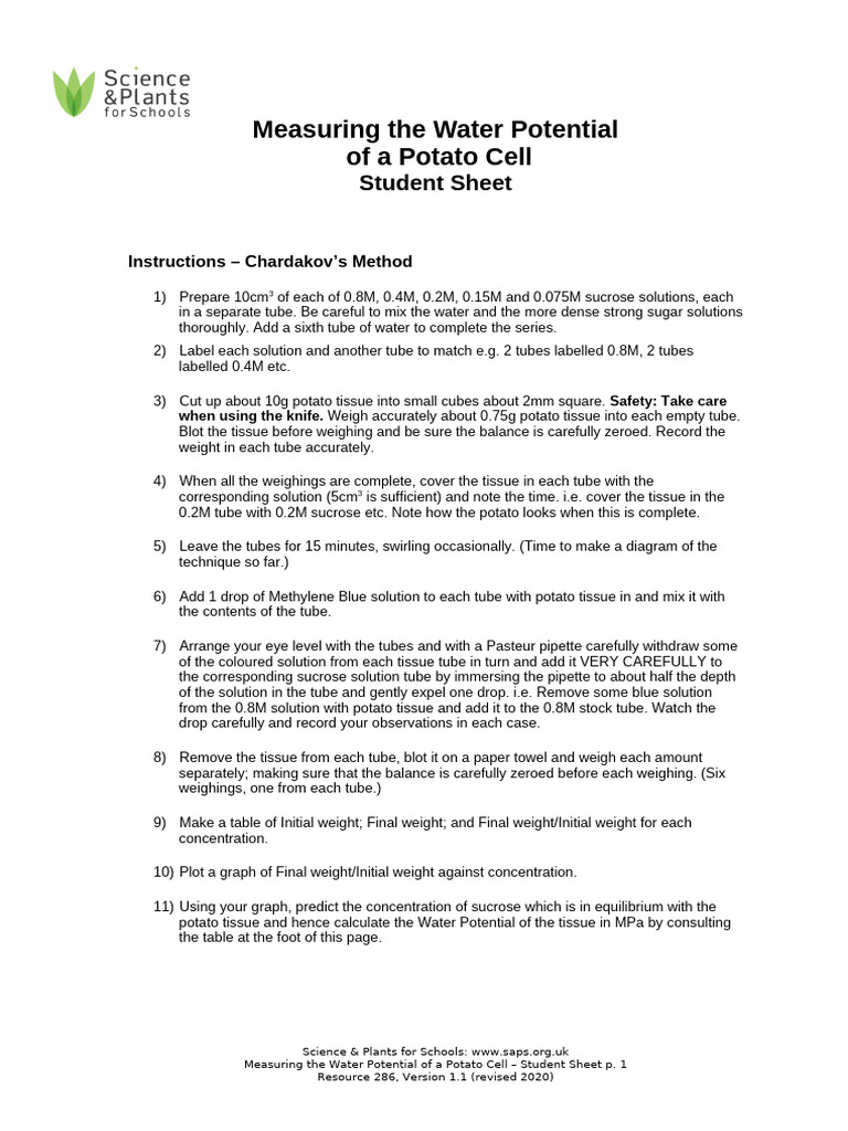 SAPS Water Potential of A Potato Cell Student Sheet | PDF