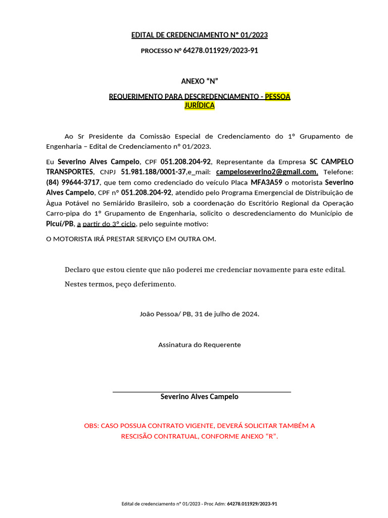 Anexo - M - Requerimento para DESCREDENCIAMENTO | PDF