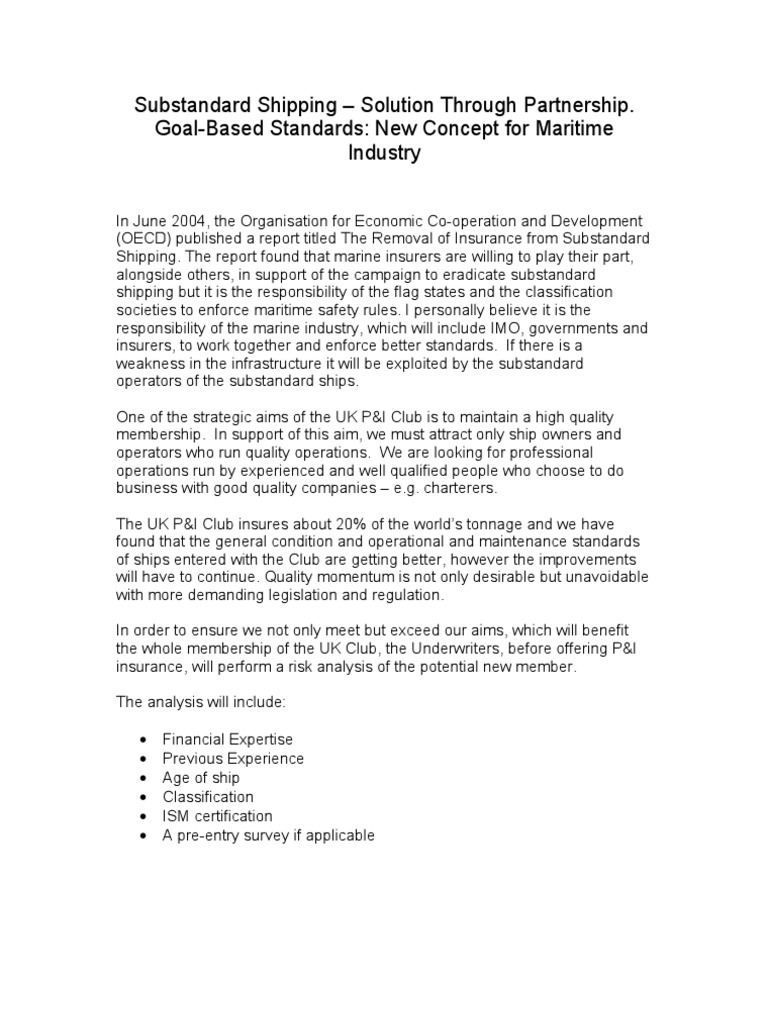 Substandard Shipping - Solution Through Partnership. Goal-Based ...