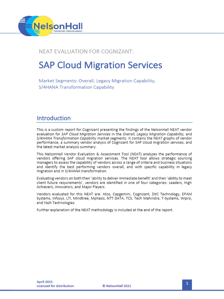 Evaluation For Cognizant Sap Cloud Migration Services | PDF